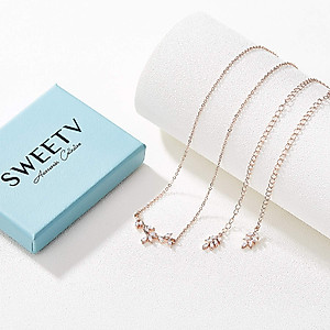 SWEETV Rose Gold Crystal Wedding Bridal Backdrop Necklace for Brides, Cubic Zirconia Dainty Vine Back Pendant Necklace for Women, Bridesmaid Gift