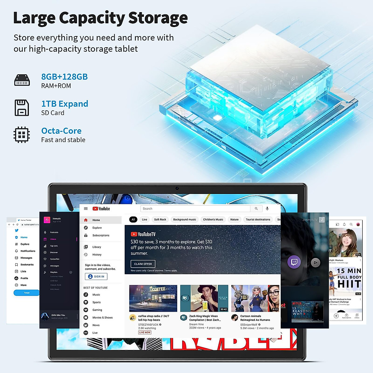 YOBANSE Android Tablet 10 inch, Android 12 Tablet, 8GB RAM 128GB ROM,1TB Expand, 5G WiFi, 4G/LTE, Bluetooth, 8000mAh Battery, GMS Certified, 2 in 1 Tablet with Keyboard, Mouse, Case, Stylus(Black)