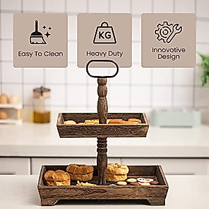 Smedley & York 2 Tiered Tray Stand With 3 Wooden Decor Accessories, Square Wooden 2 Tier Tray Stand for Cupcakes, Fruits - Rustic Finish - Wood Two Tiered Tray Stand for Home Decor, Farmhouse, Kitchen