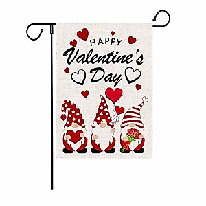 Happy Valentine's Day Garden Flags, 12.5 x 18 Inch Vertical Double Sized Gnomes Burlap Flag for House Yard Outdoor