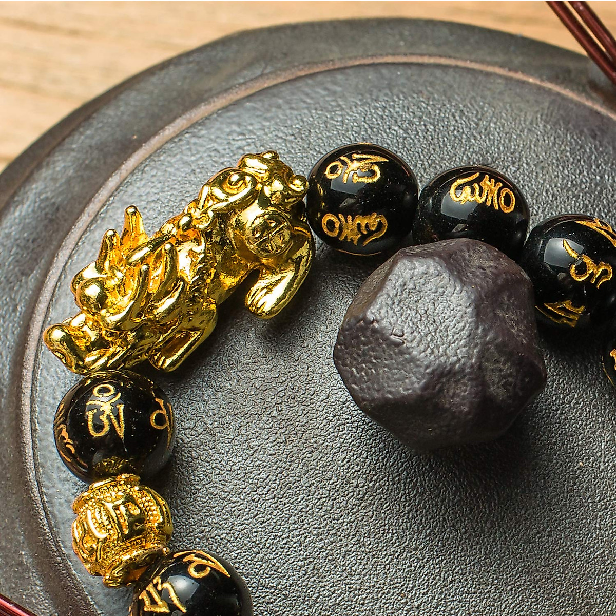 Feng Shui 14mm Black Hand Carved Mantra Beads Bracelet with 1 Golden Pi Xiu/Pi Yao and 1 Golden Mantra Bead Attract Lucky Wealthy