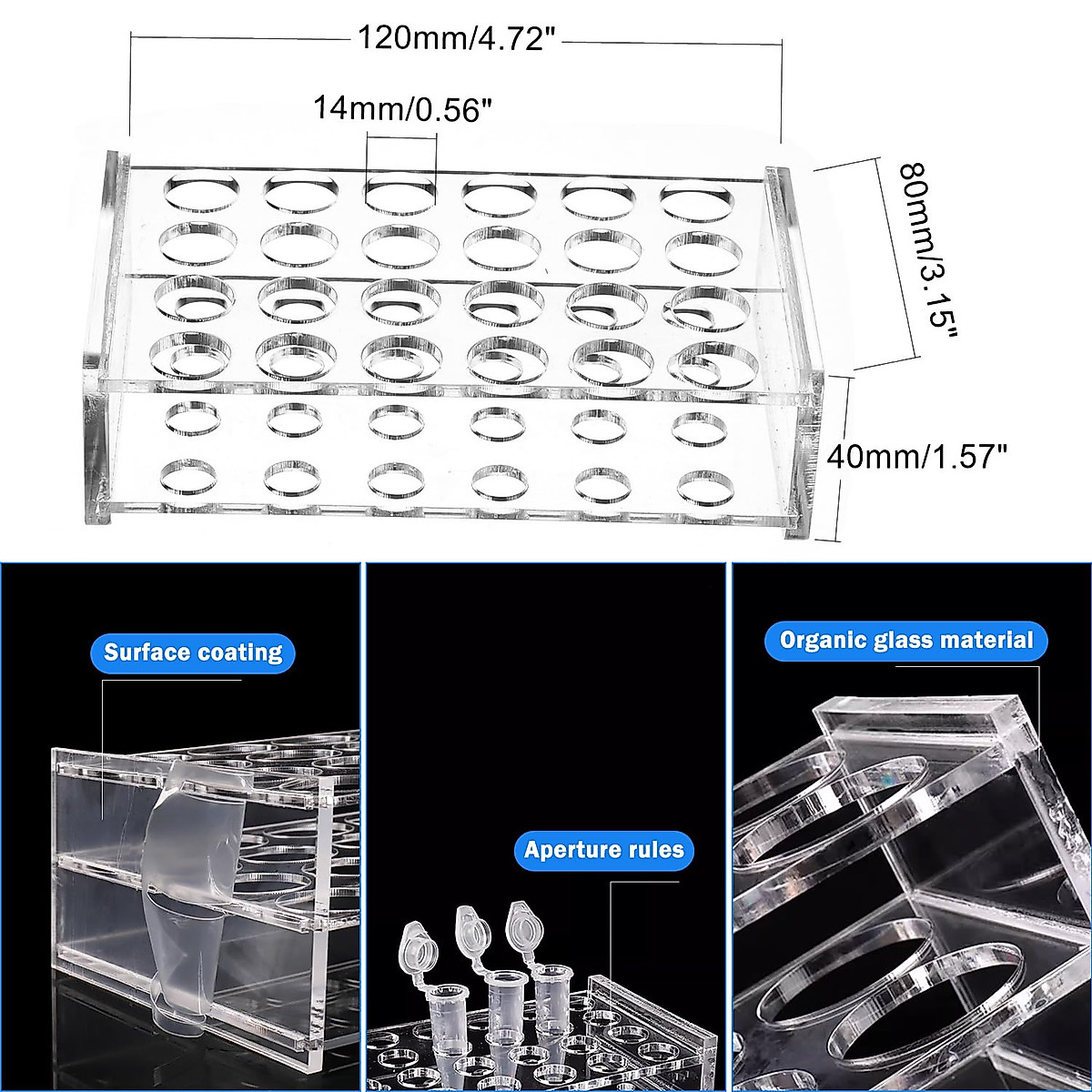 2 Pack Acrylic Test Tube Rack, 24Wells, for 5/9“ OD Tube (13 ±0.1mm，MAX for 14mm) Centrifuge Tube Holder for Labortory Holder Lab Test Tube Transparent