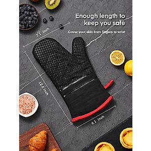 Oven Mitts, Heat Resistant Kitchen Oven Gloves 572°F, Non-Slip Silicone Surface, Extra Long Flexible Thick Mitts for Kitchen, Cooking, Baking, BBQ, Black