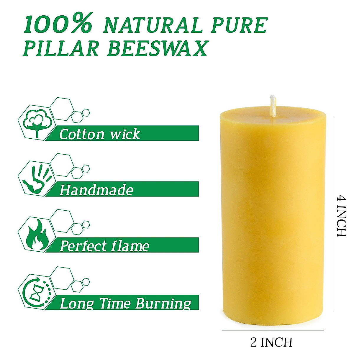 Beeswax Pillar Candles, Natural Bees Wax Candles 2x4 Inch, 4 Pack, Unscented Large Pillar Candle - Smokeless & Dripless, 35-40 Hours Long Burning Time for Home Decor, Dinner, Party