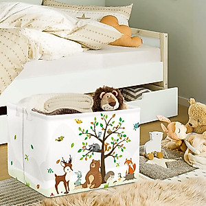 Clastyle Woodland Animals Bear Fox Raccoon Tree Baby Gift Storage Basket Deer Owl Collapsible Rectangular Shelf Basket Toy Book Clothes Towel Storage Bin for Nursery