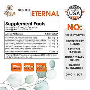 Genius Eternal, Anti-Aging Supplement - Telomere Capsules - NRF2 NADH Activator Supplements, Stem Cell Support for Longevity, Cellular Energy, Metabolism & Repair