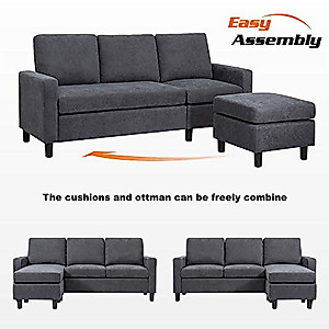 Walsunny Convertible Sectional Sofa, L-Shaped Couch with Chaise, Modern Small Sectional Couches for Small Spaces, Living Room(Grey)