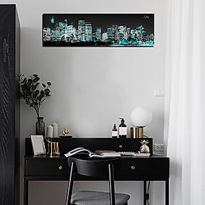 Sydney Cityscape Skyline Wall Art Teal Australia City Wall Decor Aqua Green Opera House Canvas Painting Black and White Architecture Prints Pictures Artwork Living Room Bedroom Home Decorations 14x48”