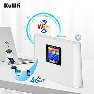 KuWFi 4G LTE Router with SIM Card Slot, Mobile WiFi Hotspot with LCD Display RJ45 | Support T-Mobile and AT&T | 150Mbps Wireless Connect up to 10 Devices(Built-in Antenna, No External)