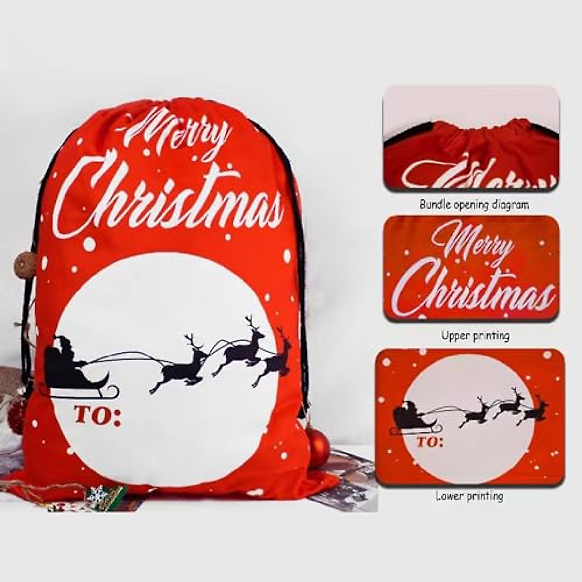 ulafbwur Hand Washable Santa Bag Reusable with Reindeer Sleigh Design Large 70x50cm Size Heavy Duty Cotton Material Festive Drawstring for Red