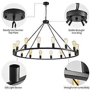 Tefiohen 48" 16-Light Large Wagon Wheel Chandelier, Farmhouse Chandelier, Heights Adjustable Rustic Vintage Round Pendant Light Fixtures for Kitchen Island Dining Living Room Foyer Entryway, Black