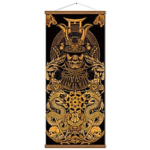 Warrior’s Dreams Canvas Wall Art Print Poster Armored Helmet Samurai spirit with Scroll Wood Framed Ready to Hanger Home Karate Hall Sushi Restaurant Decor 16”x35”