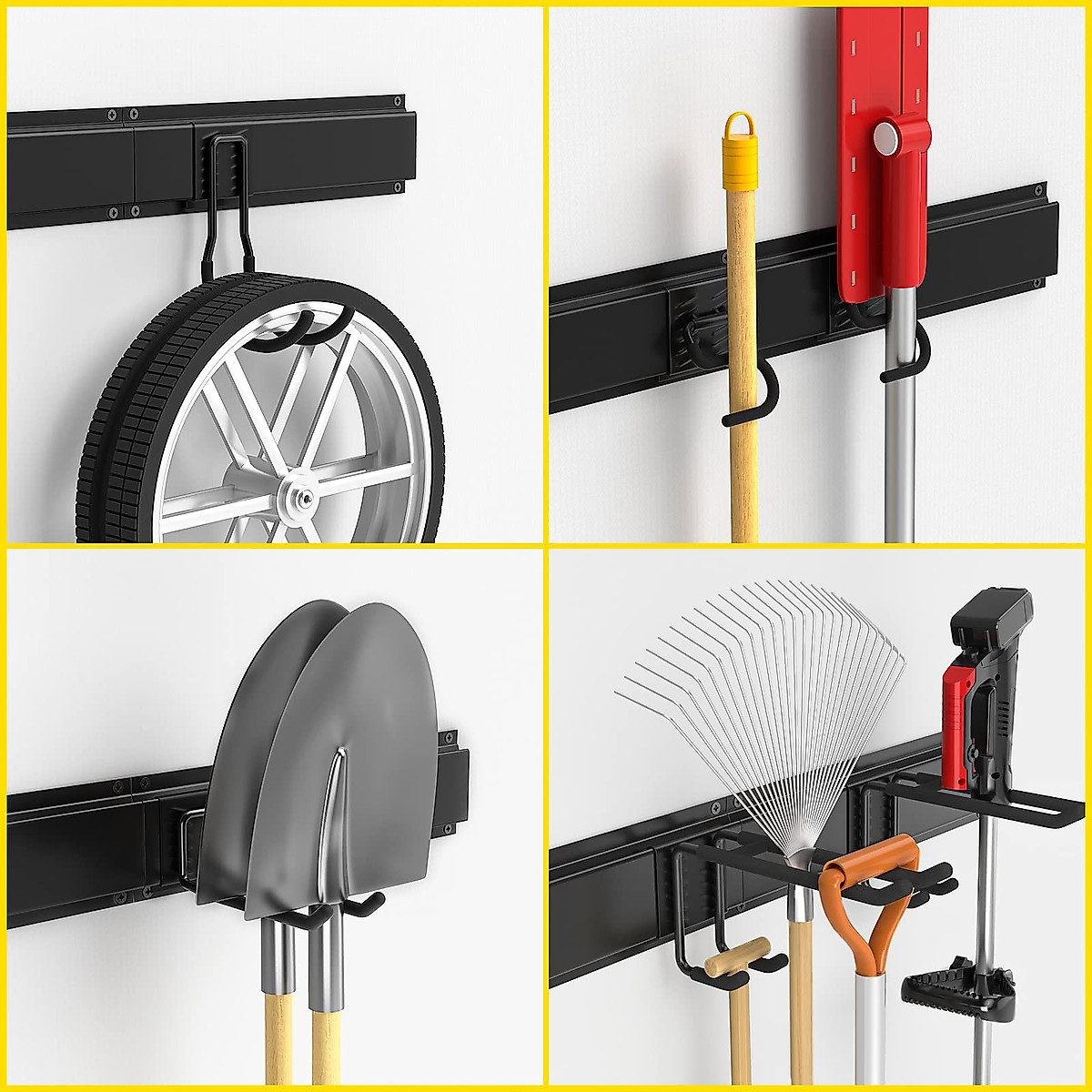 Ailadl Wall Mount Tool Storage Rack, 15 PCS Heavy Duty Steel Yard Garden Tool Organizer, Garage Tool Organizer Wall Mounted Storage System Hold Up to 550lbs, with 2 Extension Cord