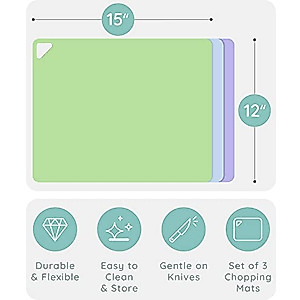 Extra Thin Flexible Cutting Boards for Kitchen - Cutting Mats for Cooking, Colored Cutting Mat Set with Easy-Grip Handles | Non Slip Cutting Sheets, Flexible Plastic Cutting Board Set of 3 (15"x12")