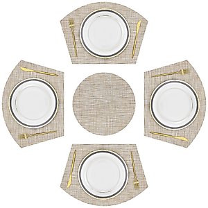 SHACOS Large Size Wedge Shape Placemats with Centerpiece Round Mat Set of 5 Round Table Place Mats Washable Dining Table Placemats Reversible, Beige