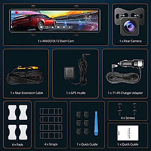AKASO DL12 2.5K Mirror Dash Cam Voice Control 12" Touch Screen Front and Rear Dual Dash Camera for Cars Night Vision Backup Camera with Sony Starvis Sensor GPS G-Sensor Parking Assistance