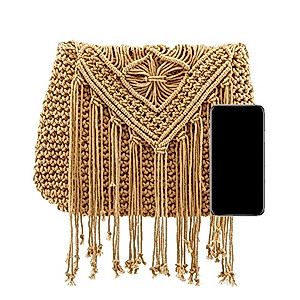 Ayliss Women Handwoven Crossbody Handbag Cotton Crochet Woven Shoulder Handbag Summer Beach Handmade Purse Bag Tassel (Light Khaki)