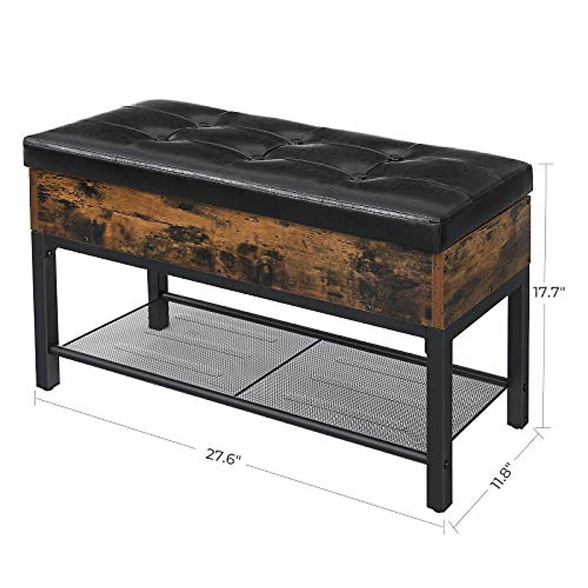 VASAGLE Padded Bench with Storage Box and Shoe Shelf, Bedroom Stool, Steel Frame, Synthetic Leather, Industrial, 27.6" L x 11.8" W x 17.7" H (70 x 30 x 45 cm), Rustic Brown + Black