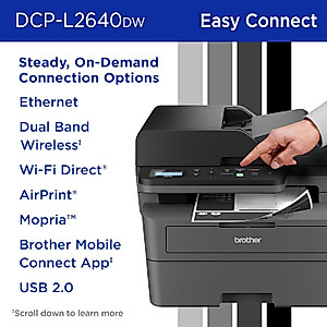 Brother DCP-L25 Series Monochrome All-in-One Laser Printer for Home Office, Print, Scan, Copy, Wireless, 36 ppm, 2400 x 600 dpi, Automatic Duplex Printing, with MTC Printer Cable