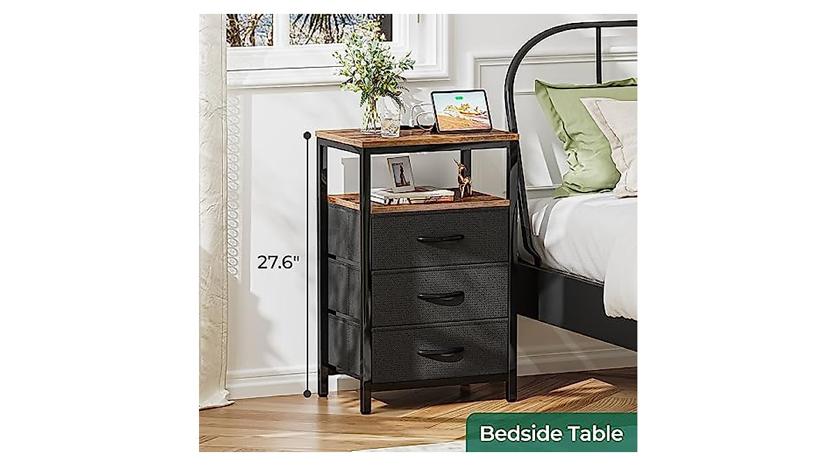 Huuger Nightstand with Charging Station - Rustic Brown Style