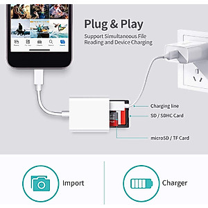[Apple MFi Certified] Lightning to SD/Micro Card Reader for iPhone/iPad, 3 in 1 Memory Card Reader Adapter with Charging Port, Trail Game Camera SD Card Reader Viewer, No App Required Plug and Play