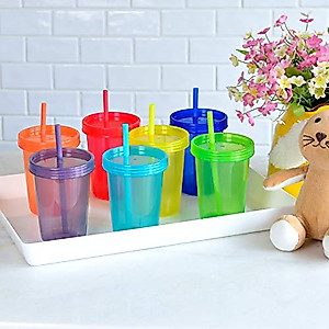 Youngever 7 Sets Plastic Kids Cups with Lids and Straws, 7 Reusable Toddler Cups with Straws in 7 Assorted Colors