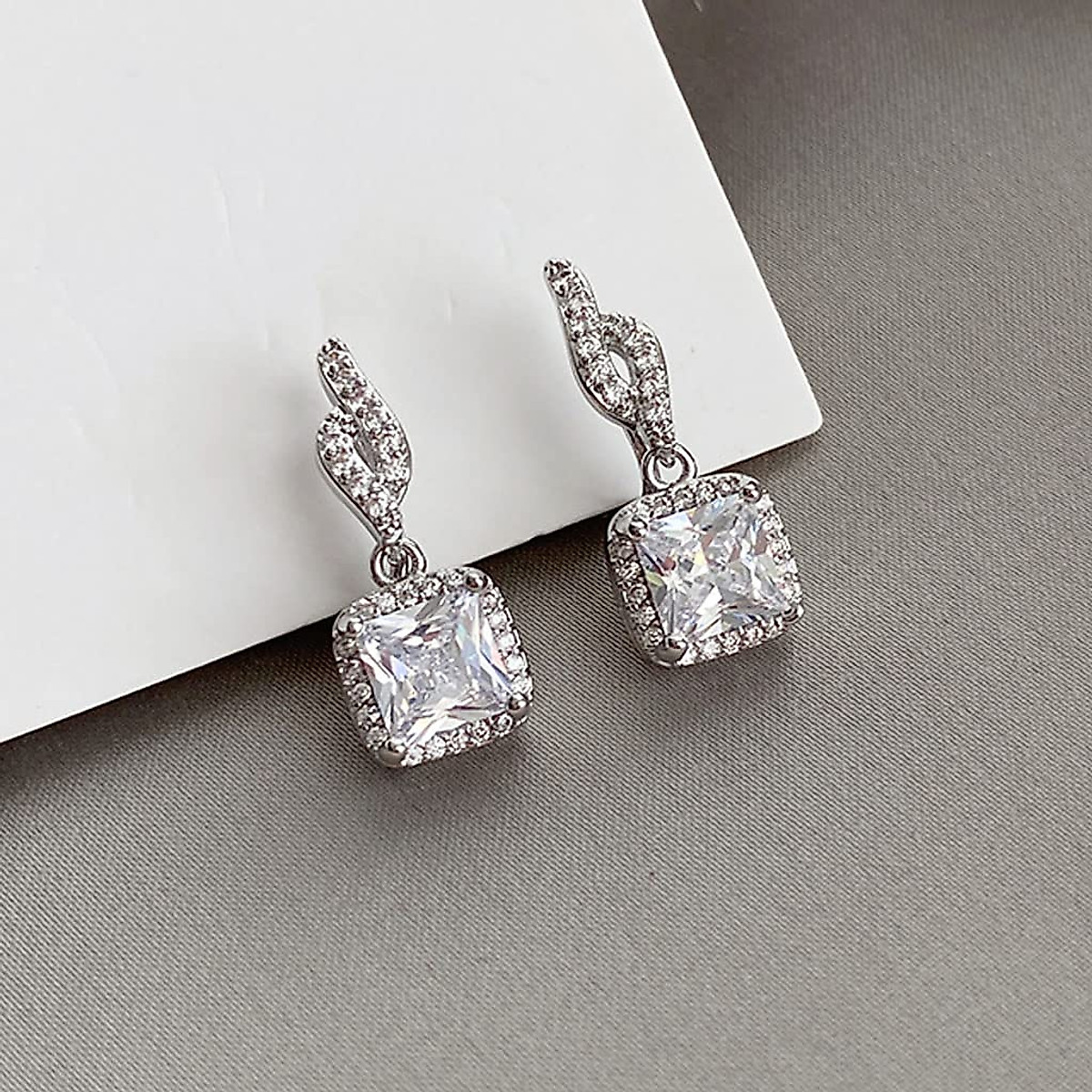 Soar-leap Silver Crystal Square Clip On Earrings Diamond Dangle Earrings for Women Girls Non Pierced for Brides Wedding Bridesmaid