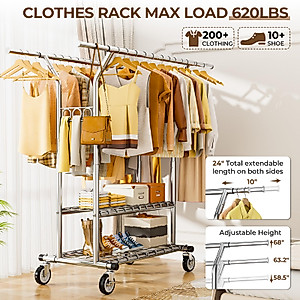 HYSEYY Heavy Duty Clothes Rack, Rolling Clothing Rack With Shelves Load 620 LBS, Double Rod Clothing Racks for Hanging Clothes, Portable& Adjustable Clothes Rack with Wheels Garment Rack