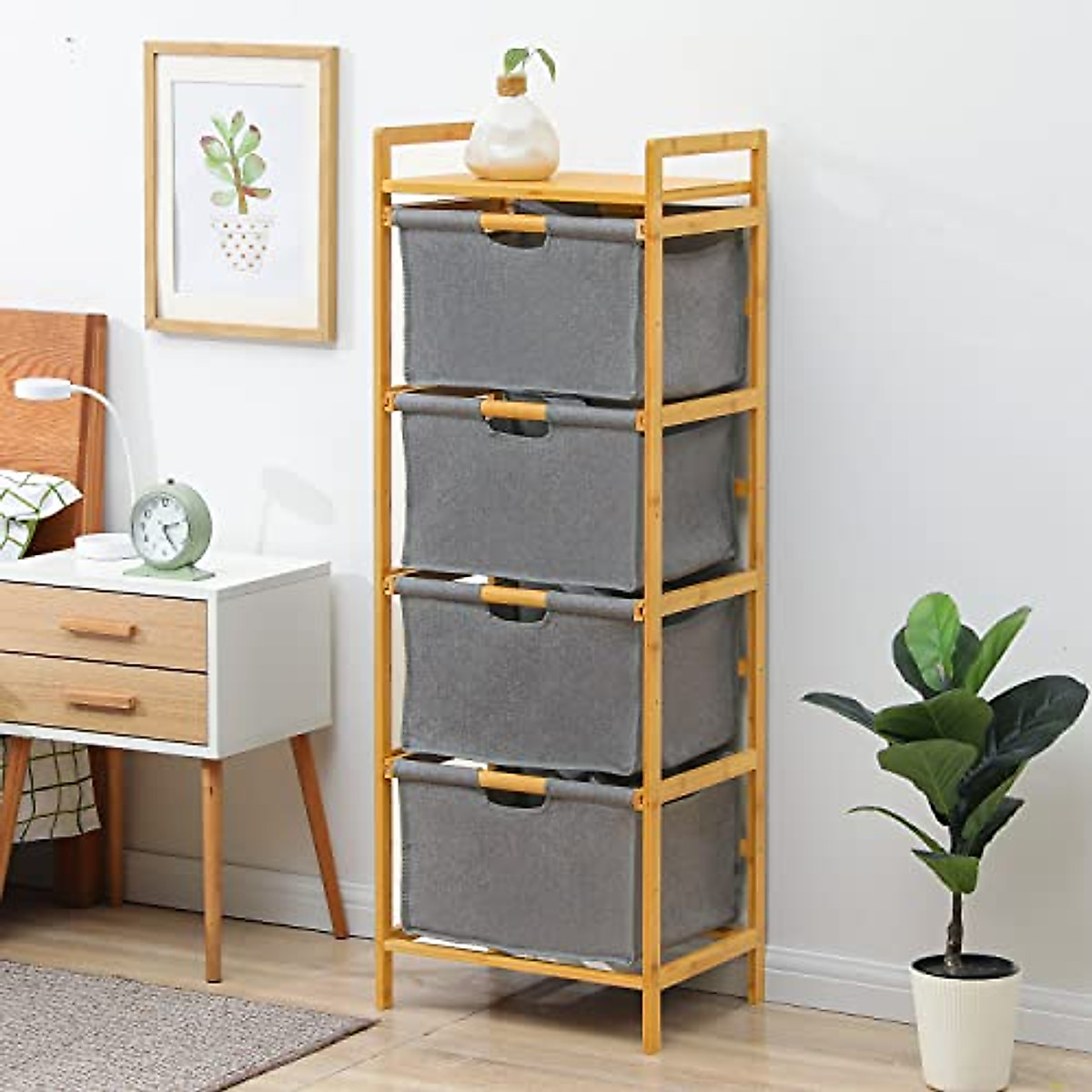 MoNiBloom Bamboo Organizer Clothing Storage Shelf with 4 Part Compartment Sorter Baskets Fabric Removable Clothes Drawers for Bedroom Laundry Living Room, Grey
