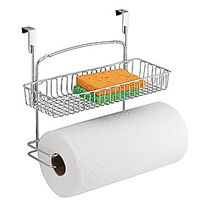 mDesign Over Cabinet Paper Towel Holder with Multi-Purpose Basket Shelf - Hanging Storage Organizer for Kitchen, Pantry, Laundry, Garage - Holds Dish Soap, Cleaners, Sponges - Metal Wire - Chrome