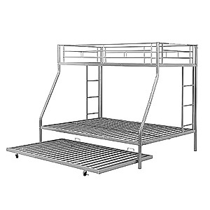 NCKMYB Metal Bunk Bed with Trundle for 3 Twin Over Full Bunk Bed with 2 Ladders, for Kids Teens Adults, Space-Saving Design, Silver
