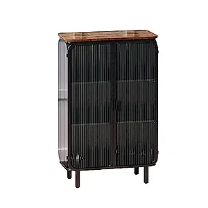 Aisurun 28.35" Modern Storage Cabinet Sideboard with 2 Glass Doors, Fir Top & 3 Storage Shelves for Entryway Living Room Home Office Dining Room, Black+Brown