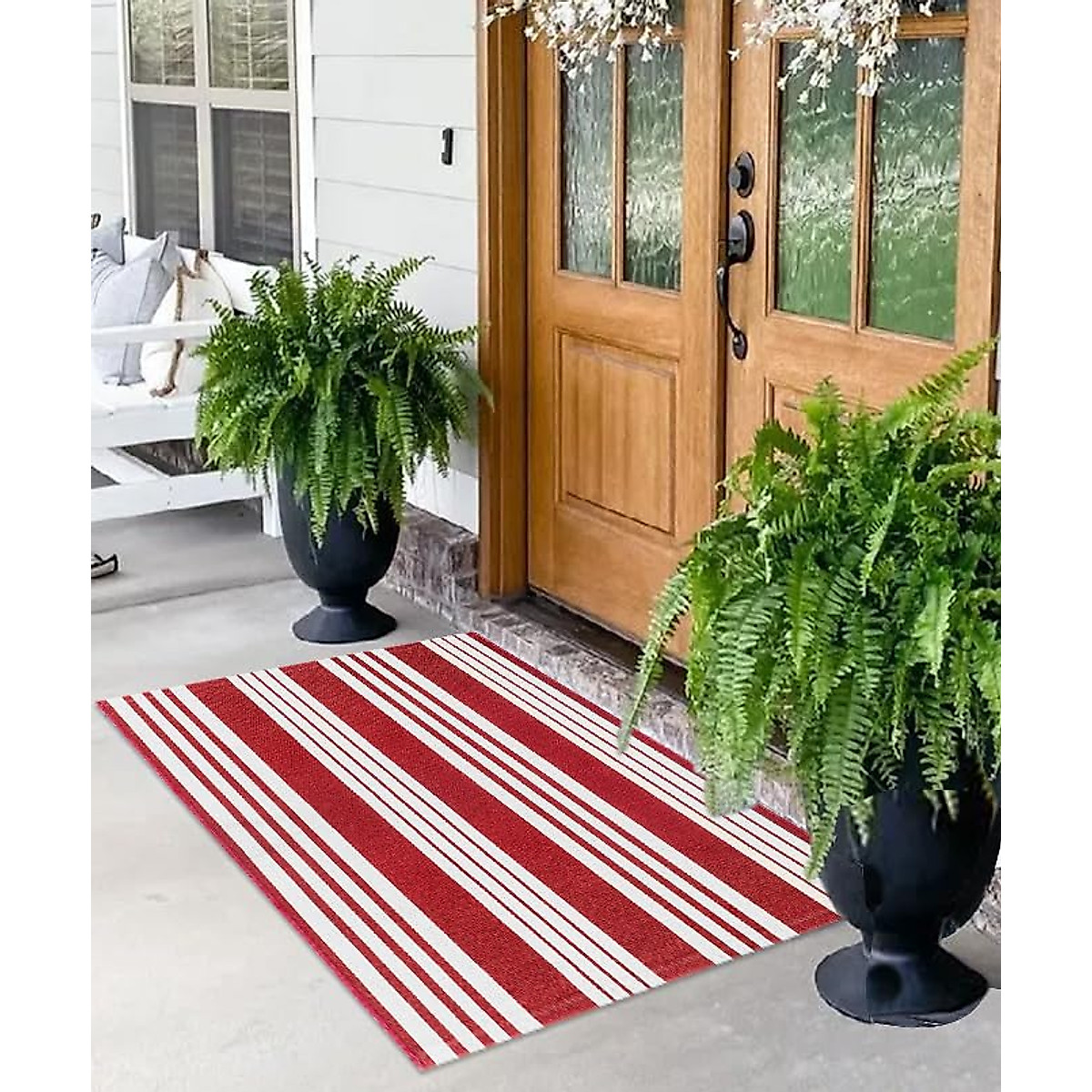 Striped Outdoor Rug for Porch 24"x51" Red and White Front Porch Rug Layered Doormat Cotton Woven Washable Throw Carpet for Hallway/Front Steps/Bathroom/Kitchen/Home Entrance