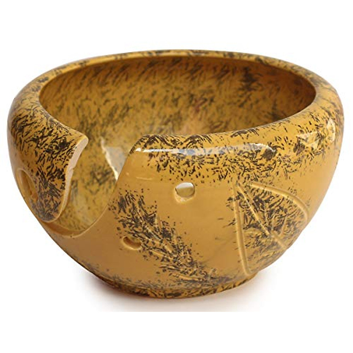 abhandicrafts Make Mom Feel Special on Mother's Day - 6 Inch Yellow Green Ceramic Brown Yarn Bowl for Knitting, Crochet for Moms Antique Hand Carved Leaf by Indian Artistians