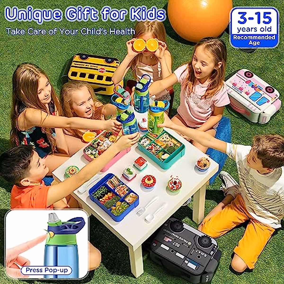 TIME4DEALS Kid Bento Lunch Box Set, Insulated Lunch Bag with 6 Compartment Bento Box Ice Pack Water Bottle Muffin Cup Spoon Snack Container Kids School Lunch Supplies Ideal for 7-16 (Black Police Car)