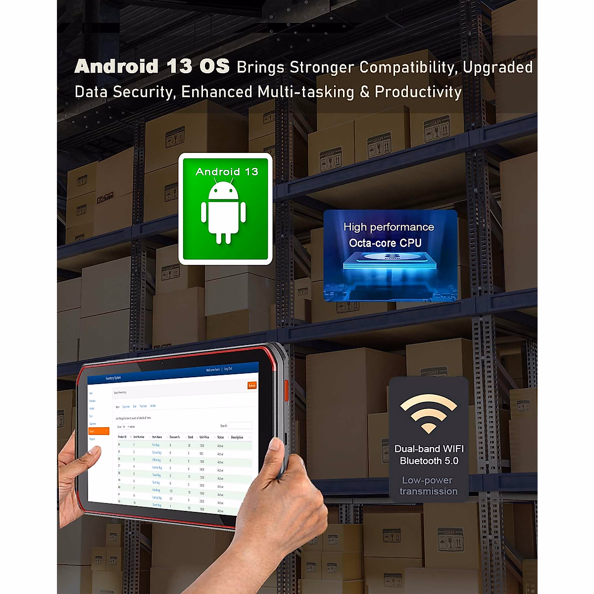 Vanquisher 8-inch Warehouse Tablet, Android 13 Rugged Tablet with Integrated Honeywell N6703 1D & 2D Bar Code Scanner Engine, WiFi & 4G LTE, for Enterprise Inventory & Logistics Tracking