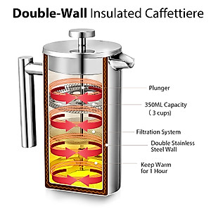 12oz French Press Coffee Maker, 350ml Stainless Steel Double Insulated Cafetiere 3 Cup Espresso Coffee Press, Portable Coffee Plunger Pot for Home, Office, Camping