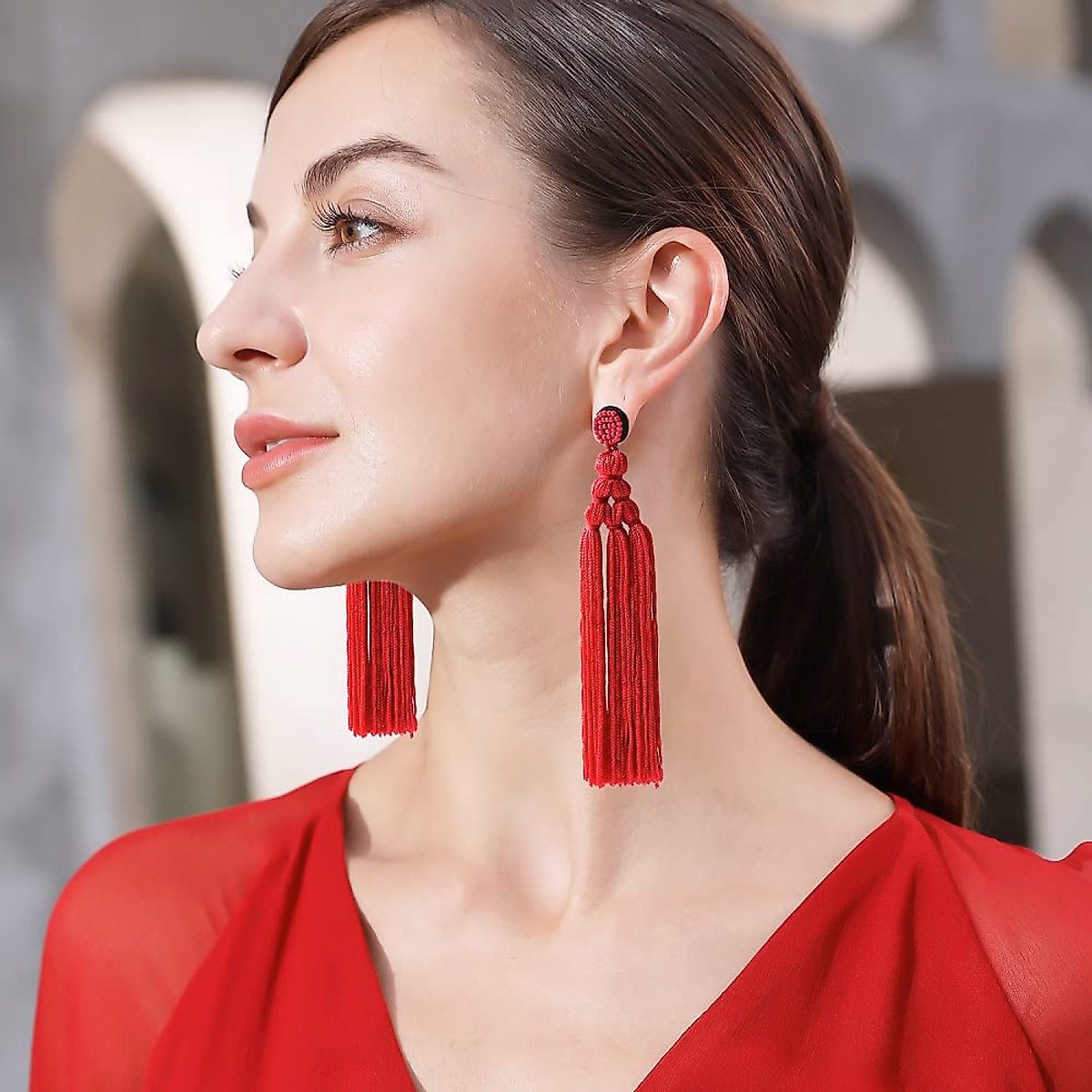 Long Woven Tassel Earrings Beaded Big Boho Statement Tassel Layer Dangle Earrings Large Bohemian Thread Fringe Layered Chandelier Drop Earrings Beads Tassel Earrings - red