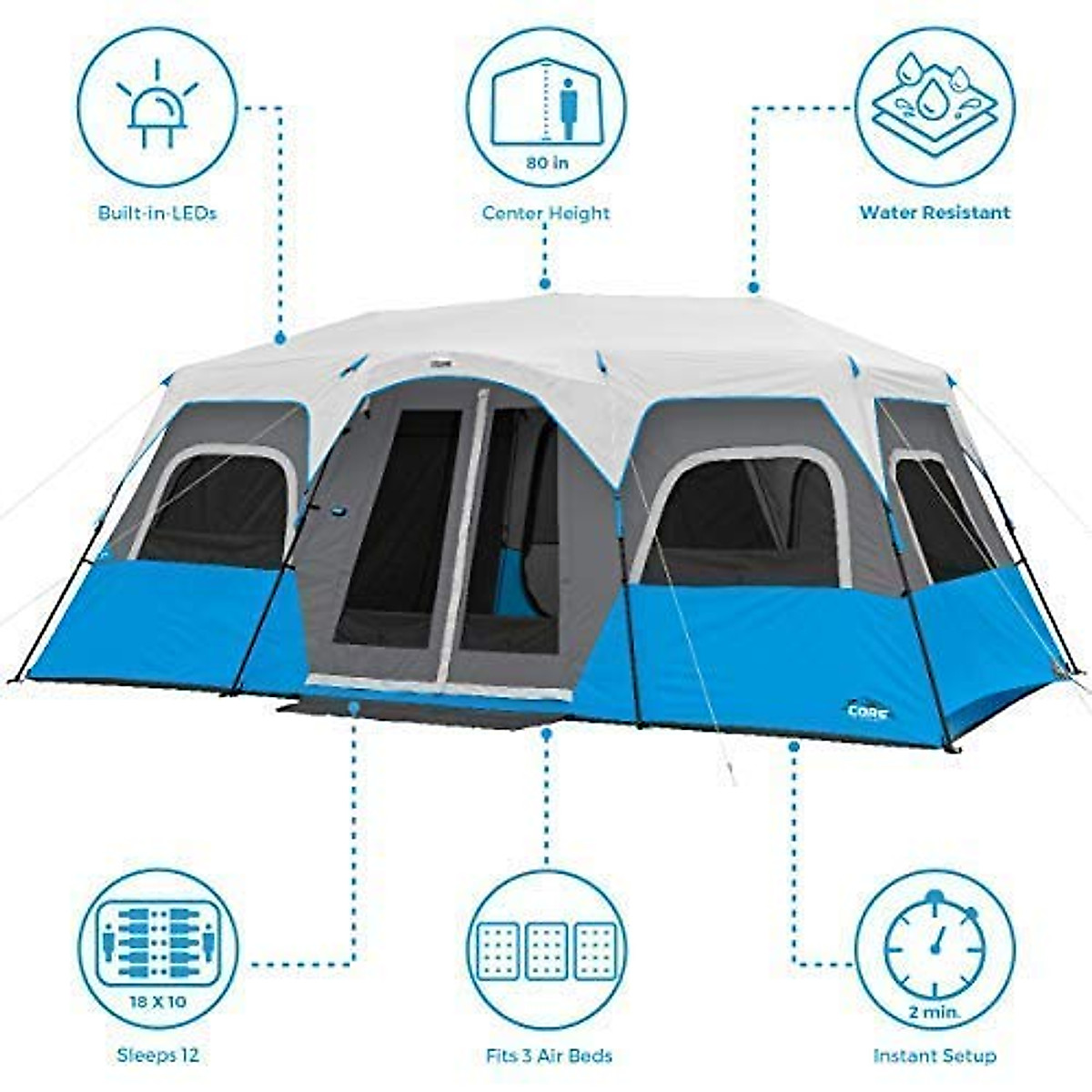 CORE 12 Person Instant Cabin Tent with LED Lights | Large 3 Room Family Lighted Pop Up Tent for 2 Minute Camp Setup | Included Storage Pockets for Camping Accessories