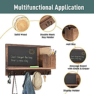 NUKied Key Holder for Wall Decorative, Mail Organizer Wall Mount with 4 Double Key Hooks and Message Board, Rustic Wooden Key and Mail Holder for Wall, Home Decor for Entryway, Hallway, Brown