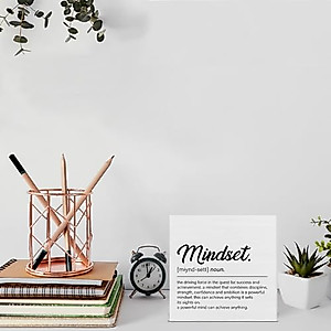 Inspirational Mindset Quote Desk Wooden Sign Decor Mindset Definition Square Wood Sign Desk Decoration Motivational Wood Block Box Sign for Shelf Home Office 5 x 5 Inches