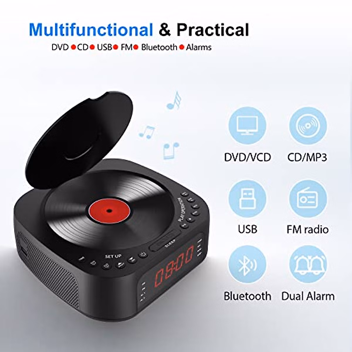 Kuephom CD Players for Home with Alarm Clock,Boombox CD Player with Bluetooth and Radio,DVD Players for TV,USB Ports for Playing and Charging,RCA ouput displaying Video and Picture,with Remote