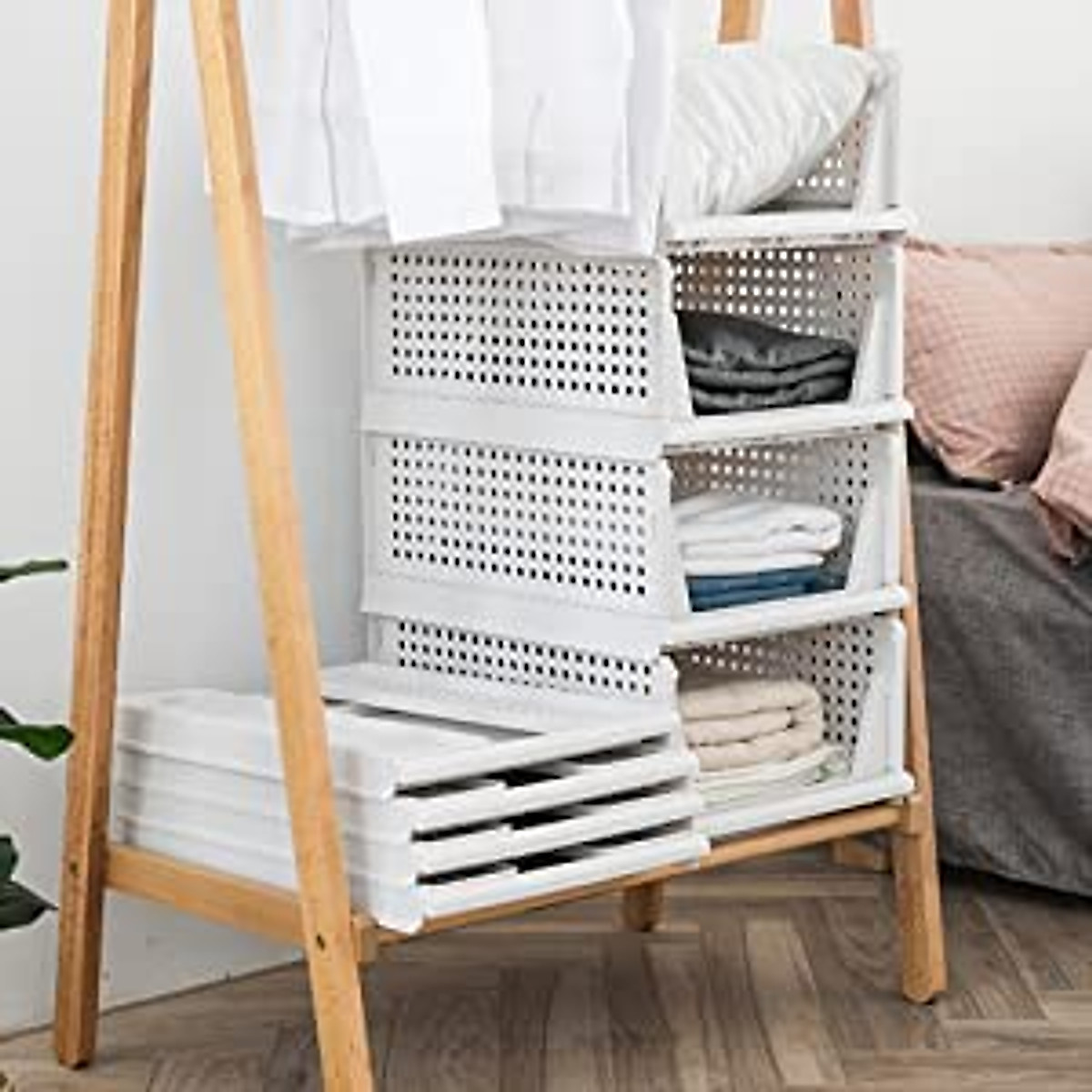 yazi Set of 5 Stackable Closet Storage Box, Plastic Drawer Organizer, Foldable Wardrobe Clothes Shelf Baskets, Folding Containers Bins Cubes, Perfect for Kitchen, Office, Bedroom & Bathrooms