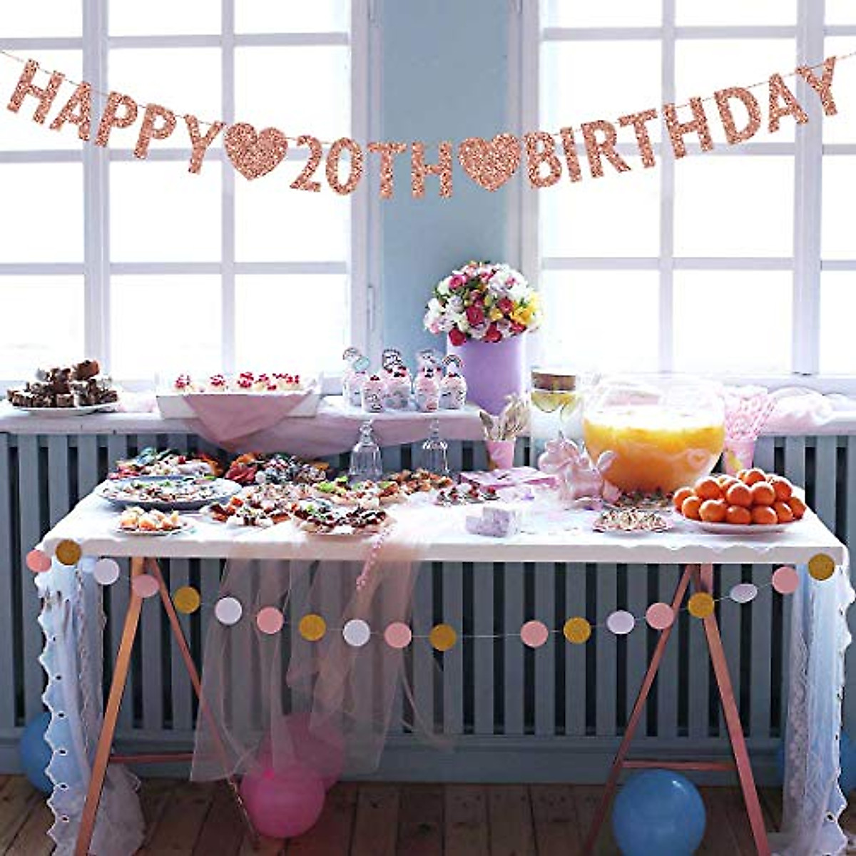 Rose Gold 20th Birthday Banner, Glitter Happy 20 Years Old Boy or Girl Party Decorations, Supplies