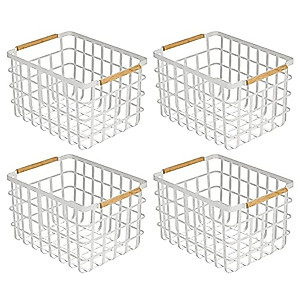 mDesign Metal Wire Closet Storage Basket Bin Organizer with Wood Handles for Bedroom, Bathroom, Mudroom, Entryway, Hallway, or Linen Closet Organization - Yami Collection - 4 Pack, Matte White/Natural