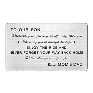 FALOGIJE Son Wallet Card, Wherever Your Journey In Life May Take You, To Our Son Gifts from Mom and Dad, Engraved Wallet Insert Son, Son Birthday Card, Graduation Gifts