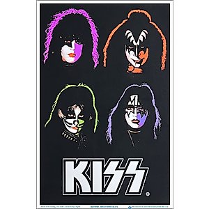 KISS - Four Faces - Officially Licensed, Authentic Blacklight Flocked Poster - 23" x 35"