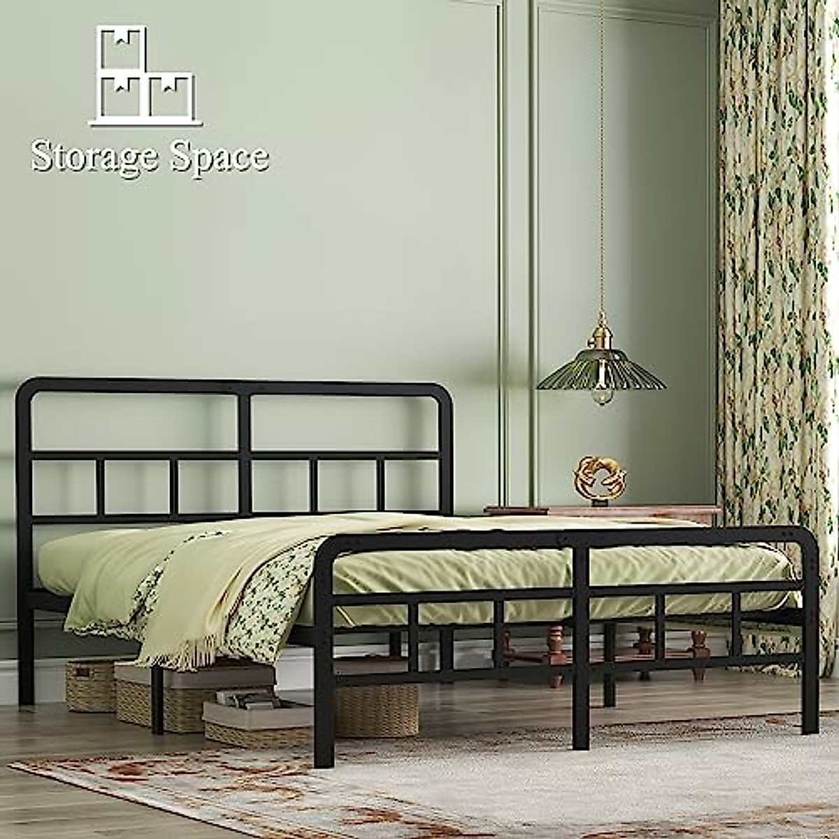 Richwanone Full Size Bed Frame with Headboard and Footboard, 14 inch Metal Platform with Steel Slat Support, No Box Spring Needed, Easy Assembly, Black