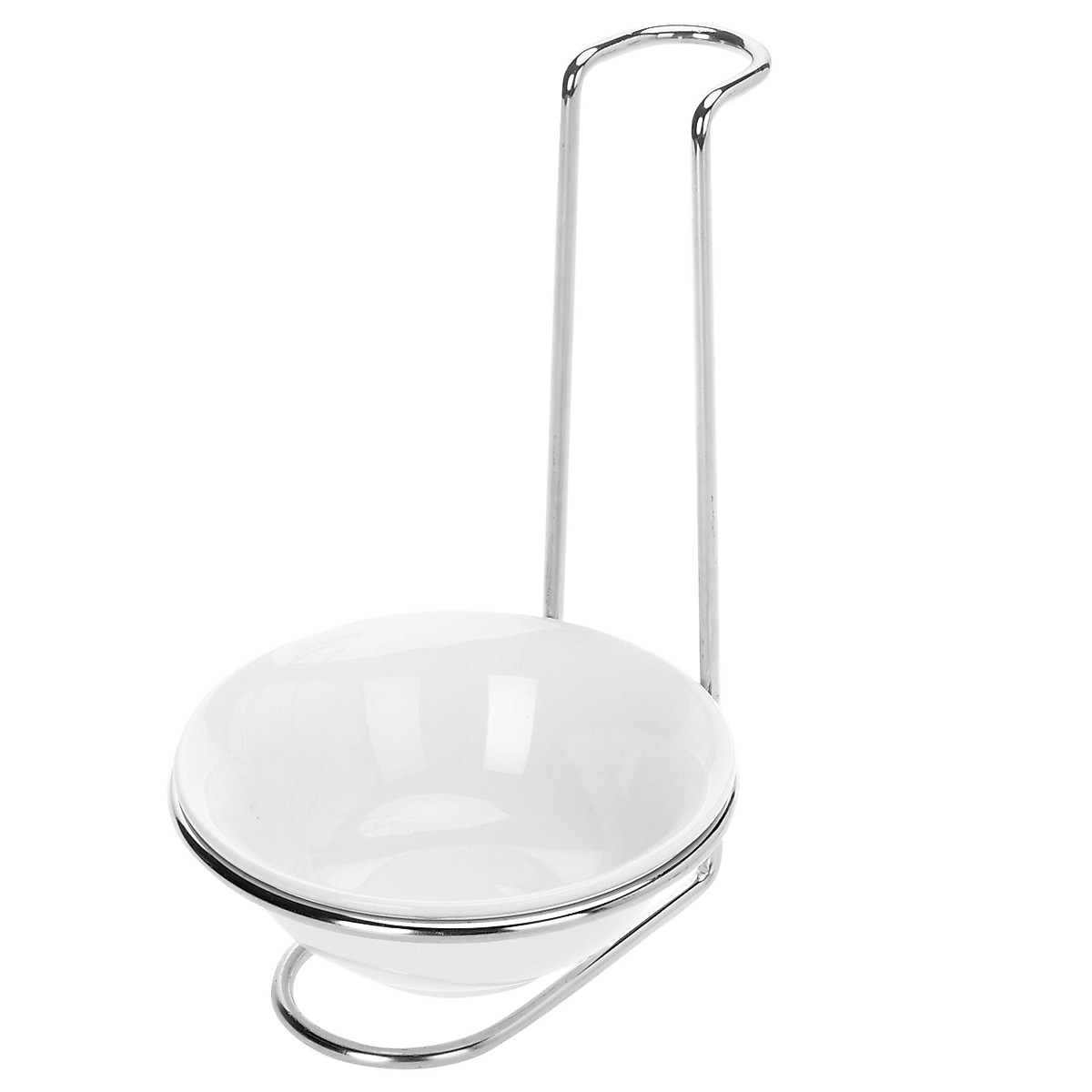 MyGift White Ceramic Ladle Holder Spoon Rest, Upright Single Cooking Utensil Holder, Vertical Drip Catcher Dish with Stainless Steel Stand for Kitchen Counter