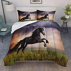 BSNTHO Horse Duvet Set Full Size,Wild Animal 3 Piece Bedding Set,Galloping Black Horse Comforter with Pillow Shames, for All Seasons, Ultra-Soft, Lightweight, Breathable